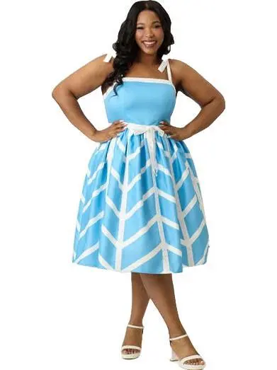 Unique Vintage Chevron Eyelet Swing Dress - Blue/white