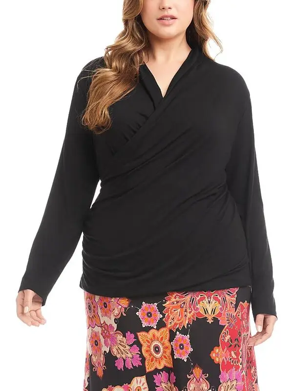 Karen Kane Plus Long Sleeve Crossover Top - Black