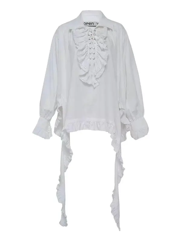 OPEN YY Ruffled Lace-up Blouse - White