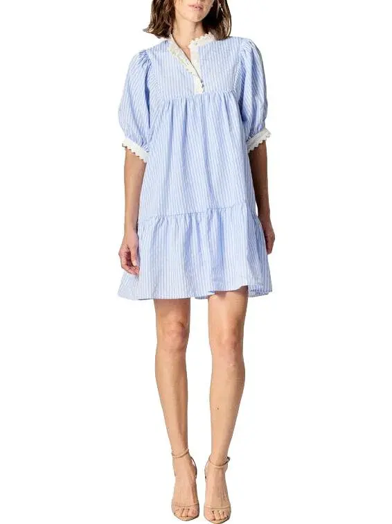 English Factory Scallop Stripe Mini Dress - Powder Blue/white