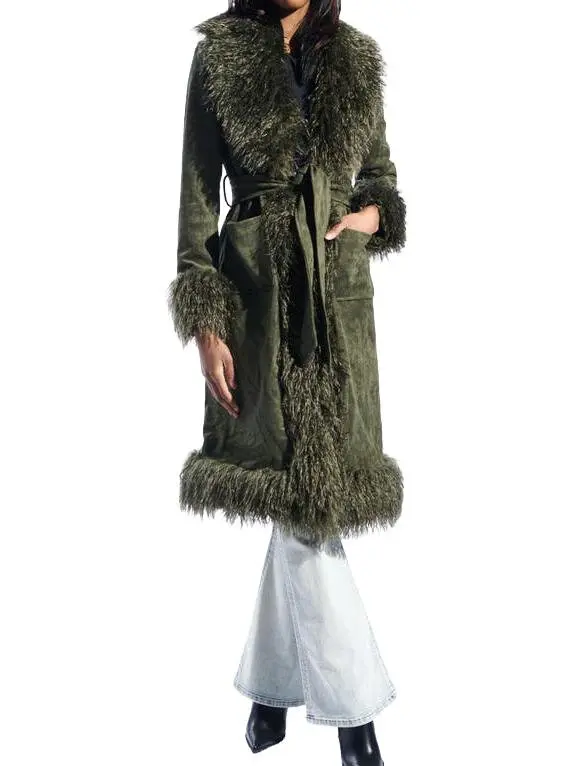 AZALEA WANG Belted Faux Suede Coat With Faux Fur Trim - Olive