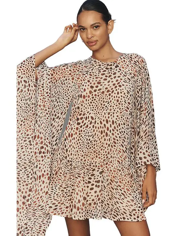 Avec Les Filles Long-sleeve Ruffle Swing Mini Dress - Neutral Pattern