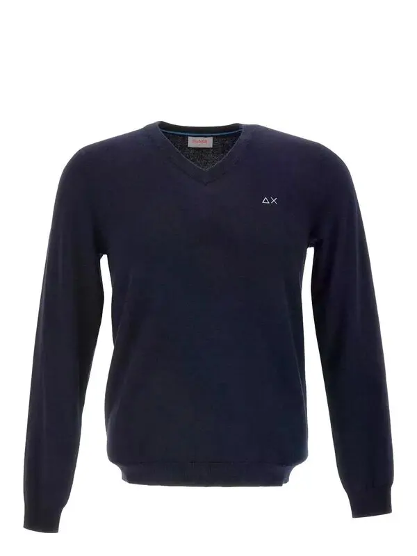 SUN 68 Embroidered Logo V-neck Sweater - Blue
