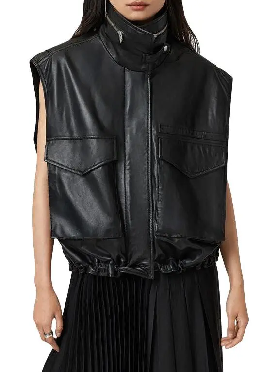 All Saints Clay Funnel Neck Leather Gilet - Black