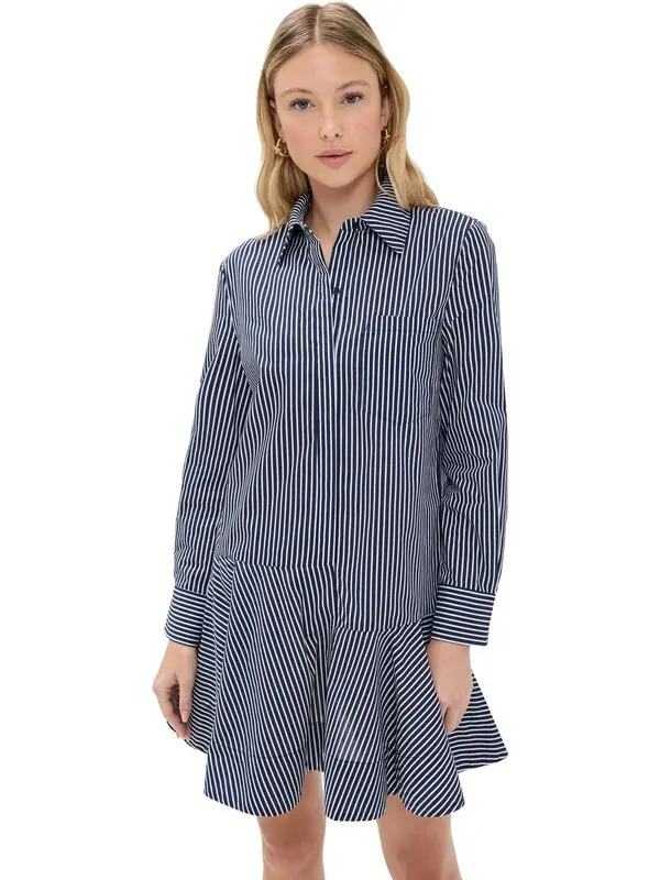 English Factory Stripe Collar Flared Skirt Dress - Navy