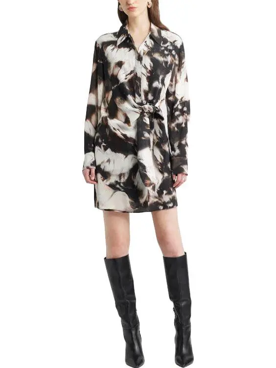 Nordstrom Tie Waist Long Sleeve Shirtdress - Black- Ivory Celeste Abstract