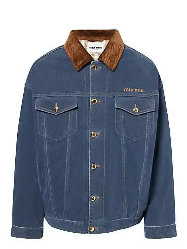 Miu Miu Embroidered Logo Padded Denim Jacket - Bleu