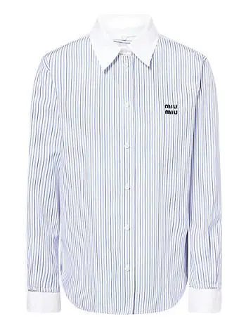 Miu Miu Embroidered-logo Striped Cotton-poplin Shirt - Bianco Celeste