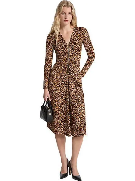 Michael Kors Leopard Print Matte Jersey Ruched Midi Dress - Yellow