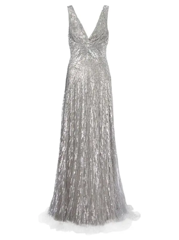 Monique Lhuillier Sequined Tulle Gown - Silver