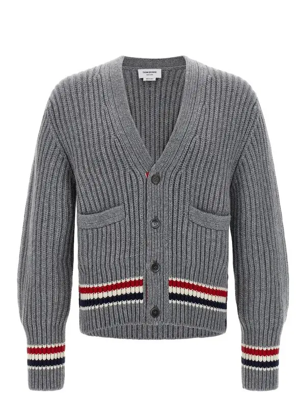 Thom Browne Rwb Tape Cashmere Cardigan - Gray