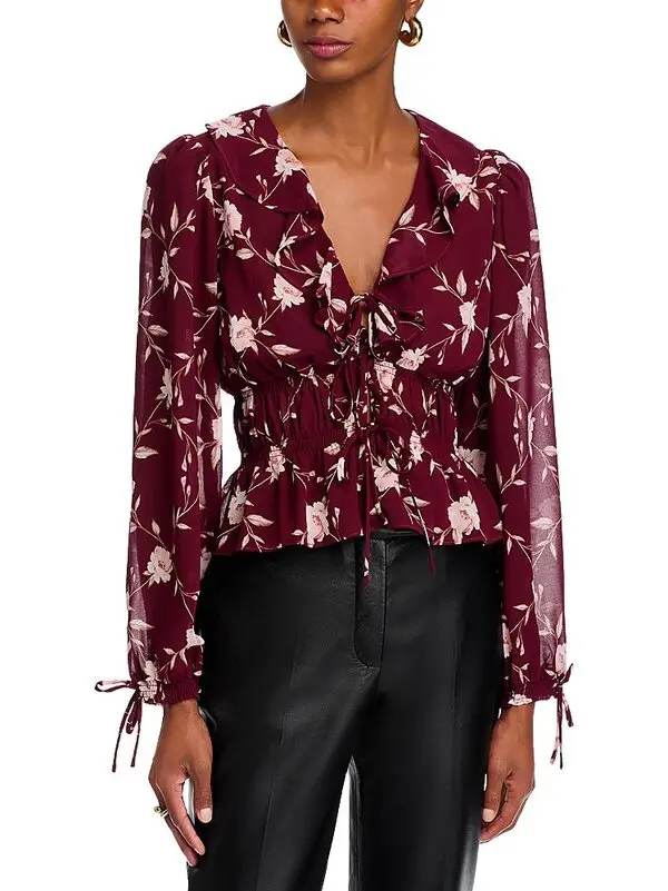 WAYF Veranda Long Sleeve Top - Burgundy Lattice