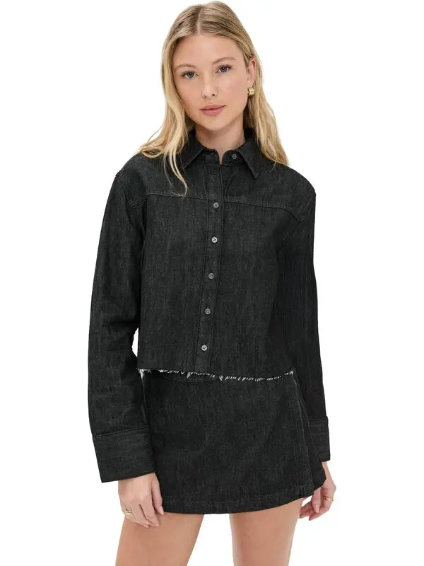 Alice + Olivia Finely Short Raw Hem Button-down - Maya Charcoal Black