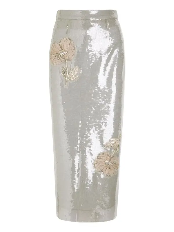 Huishan Zhang Floral-appliquéd Sequin Midi Skirt - Silver