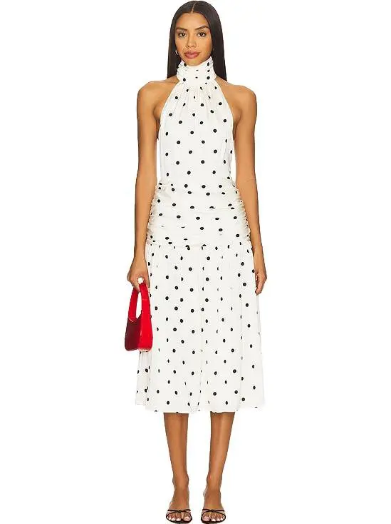MORE TO COME Halter Midi Dress - White & Black Dot