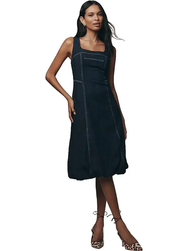 PILCRO Square-neck Denim A-line Midi Dress - Midnight Wash