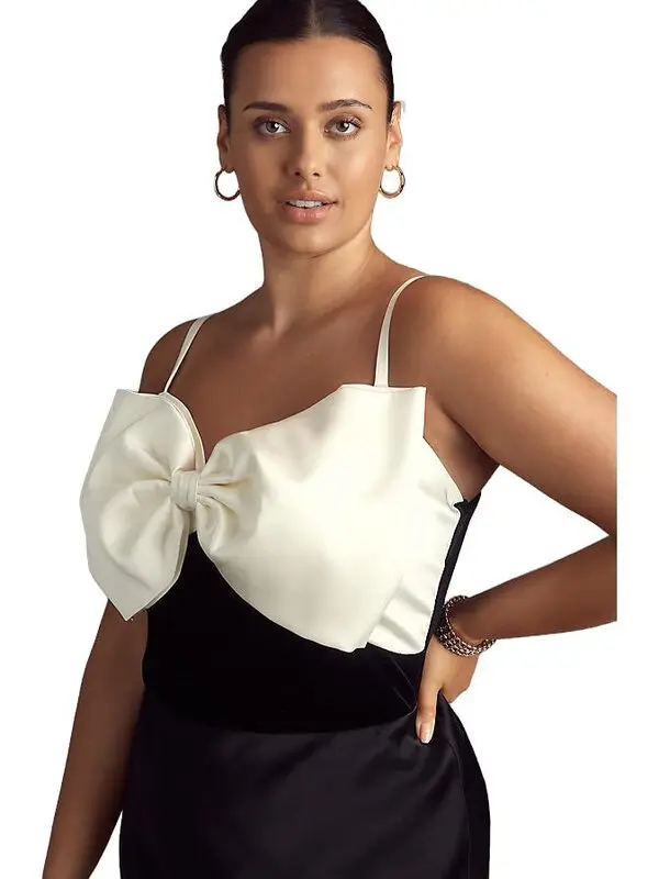 ELOQUII Velvet Bodysuit With Bow Detail - Black & White Pattern