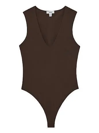 REISS V-neck Sleeveless Bodysuit - Chocolate Brown