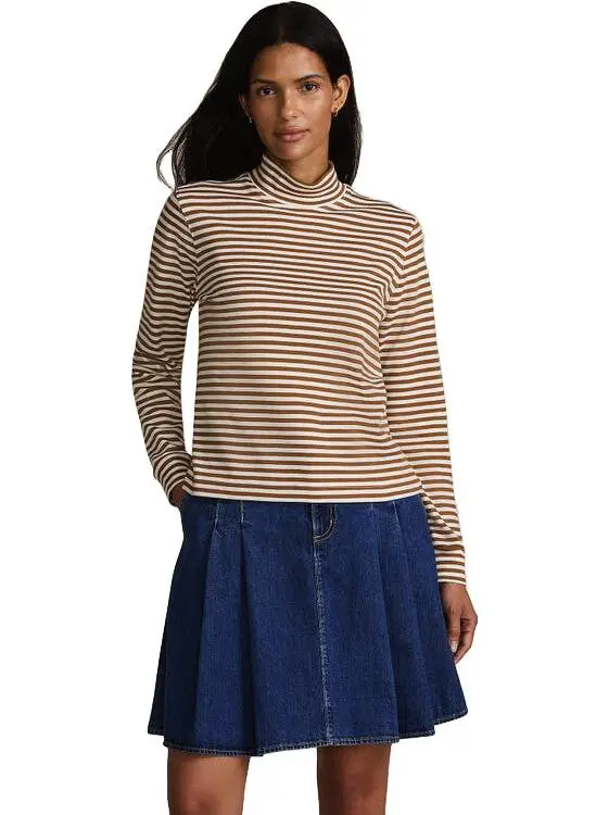 LANDS' END Relaxed Cotton Long Sleeve Mock Turtleneck - Bark Brown Heather