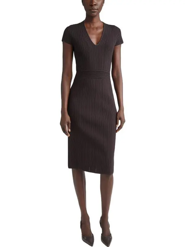 St. John Flatback Rib Sheath Sweater Dress - Mocha