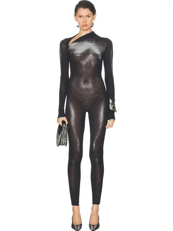 Jean Paul Gaultier Asymmetric Collar Printed Catsuit - Black & Silver