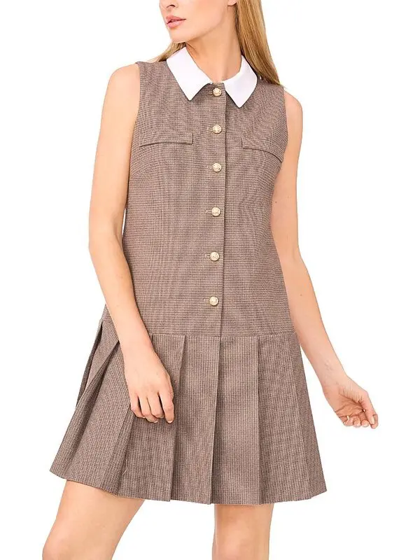 CECE DUPRAZ Houndstooth Print Pleated Skirt Dress - Safari