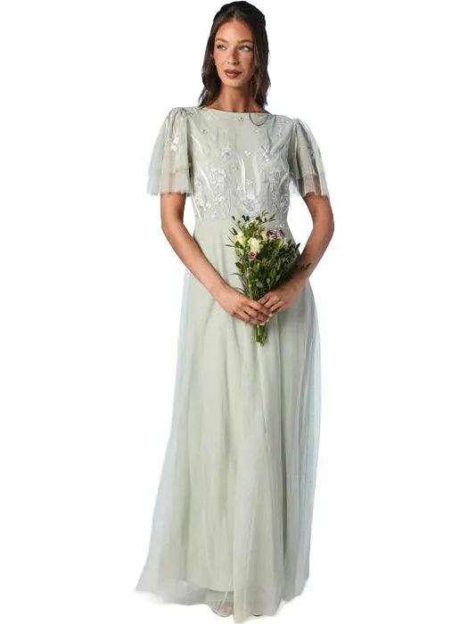 Coast Angel Sleeve Maxi Bridesmaids Dress - Sage