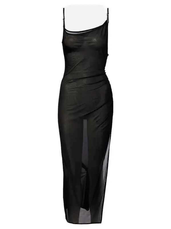 MUGLER Asymmetrical Sheer Midi Dress - Black