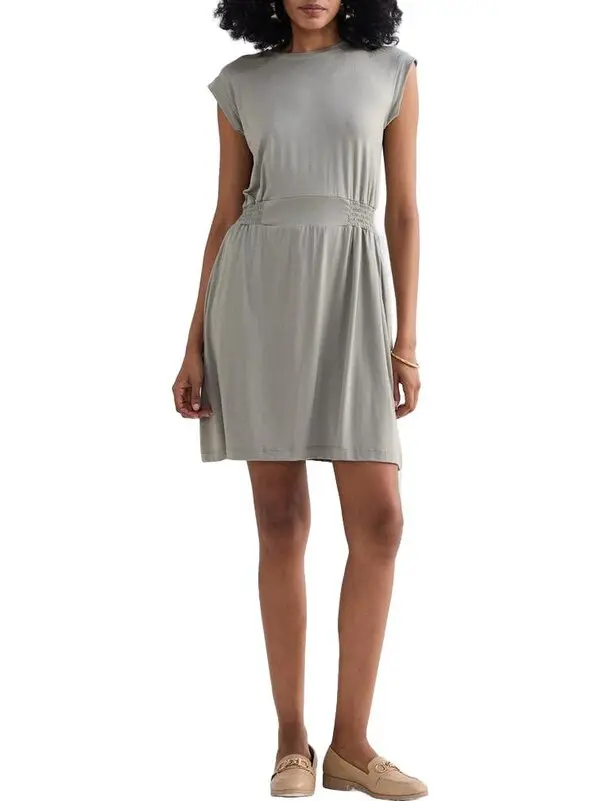 REISTOR High Crew Neck Short Dress With Smocking Detail - Light Olive