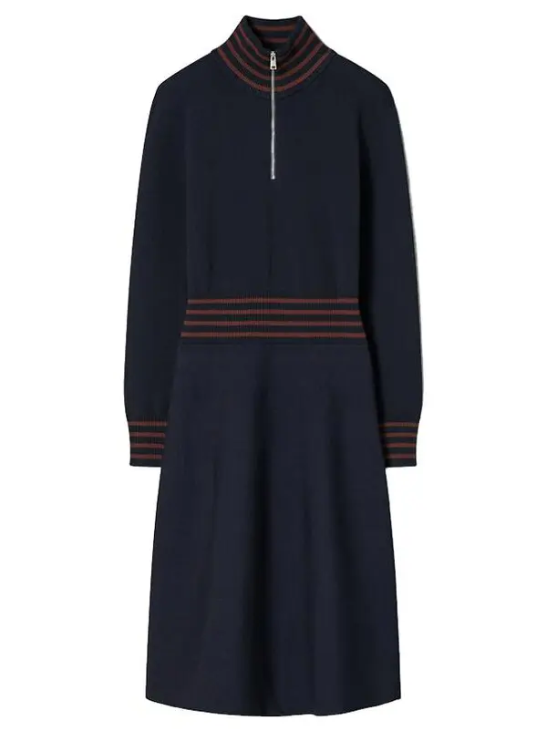 Tory Burch A-line Turtleneck Zip Dress - Medium Navy/dark Sangria