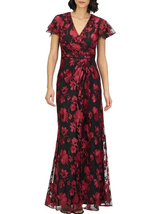 Js Collections Fauna Floral Embroidered Flutter Sleeve Gown - Red/black