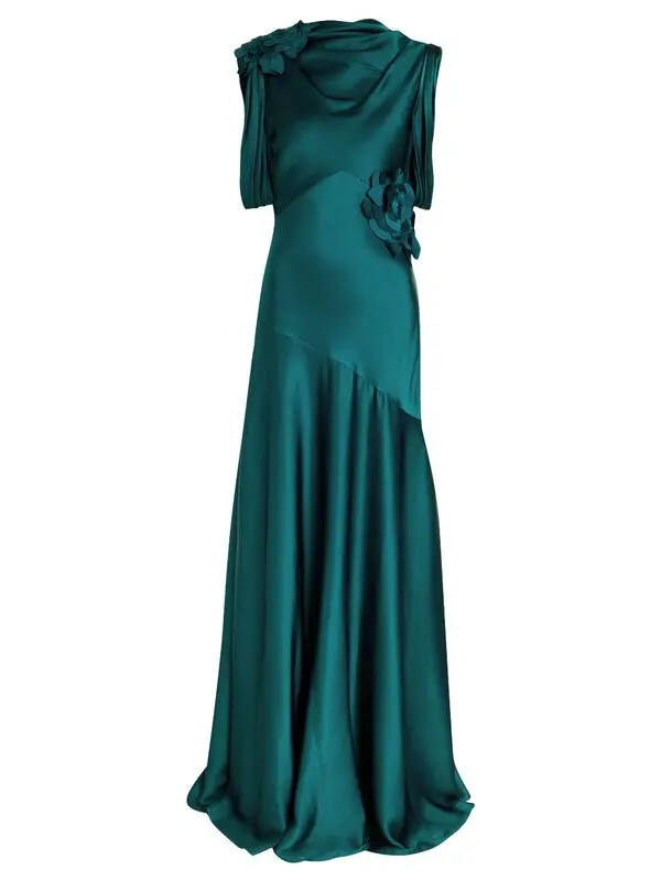 Erdem Floral-appliquéd Draped Satin Gown - Green Dark