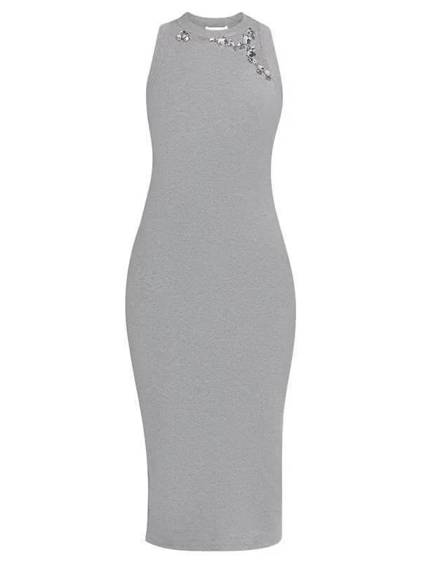 AREA Crystal Distressed Sleeveless Midi Tank Dress - Gray