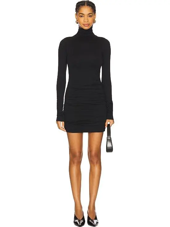 Eterne Long Sleeve Ruched Turtleneck Mini Dress - Black