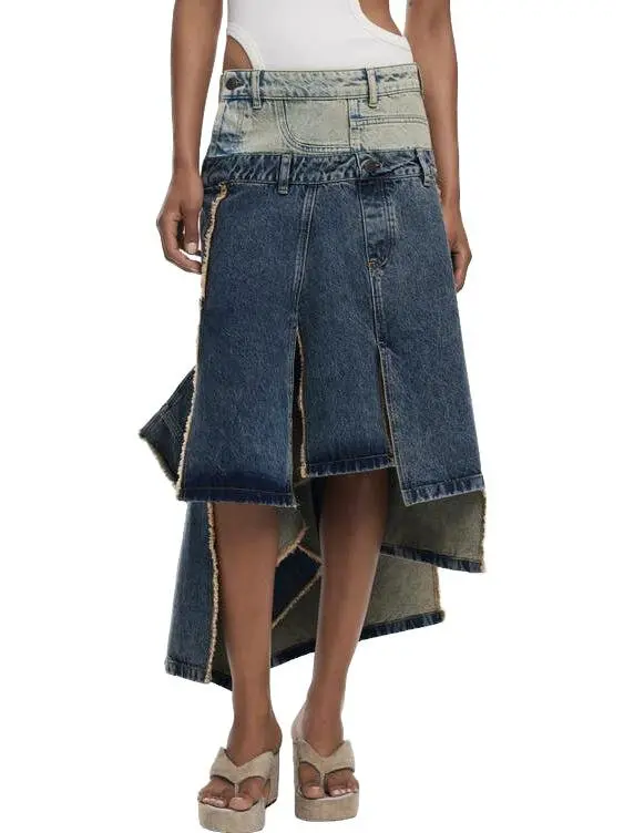 Desigual Two-tone Ruffle Denim Skirt - Light Blue