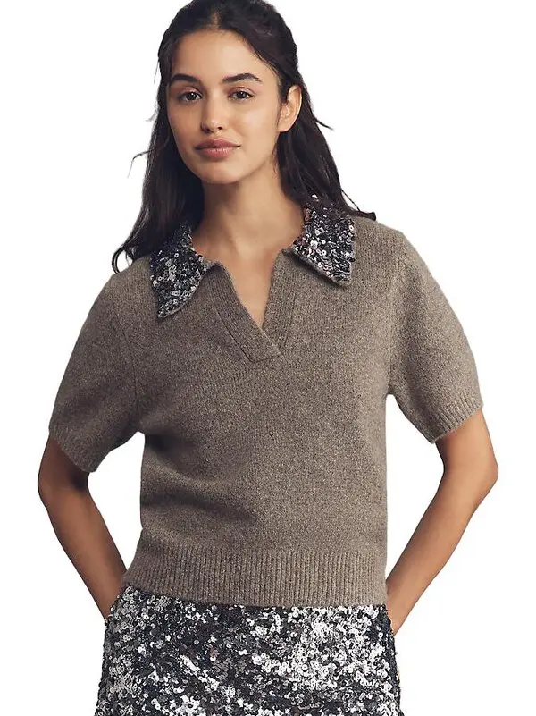 Endless Rose Sequin-collar Short-sleeve Sweater - Neutral
