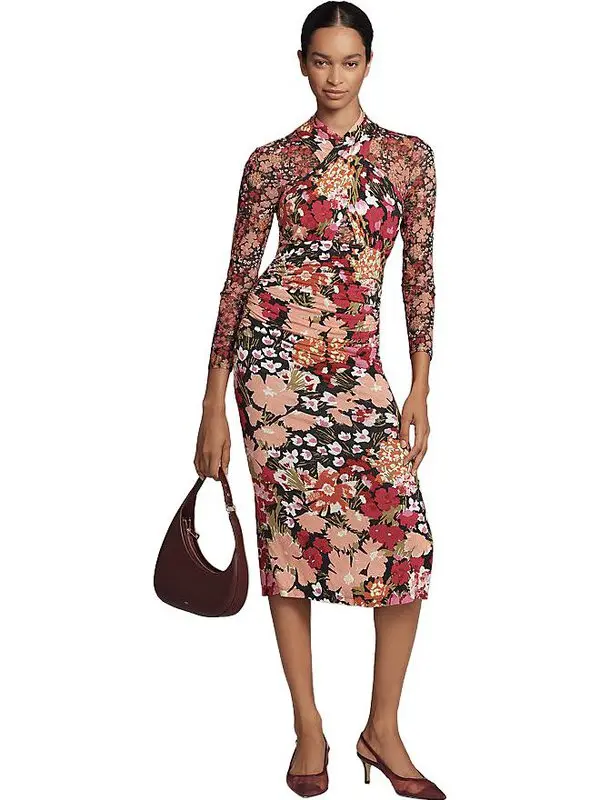 Anthropologie Long-sleeve Halter Mesh Midi Dress - Black Pattern