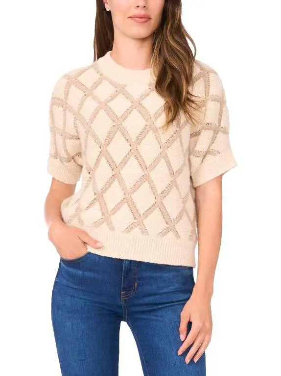 Halogen Diamond Stitch Short Sleeve Sweater - Birch