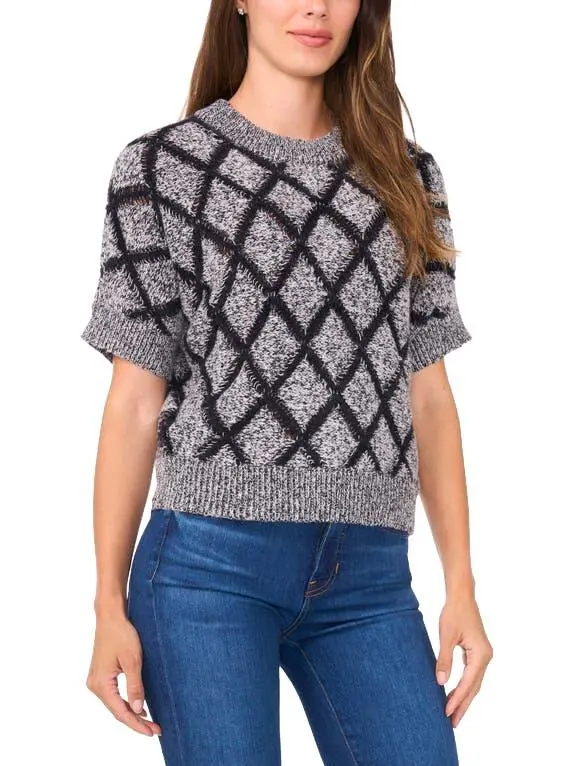 Halogen Diamond Stitch Short Sleeve Sweater - Rich Black/white