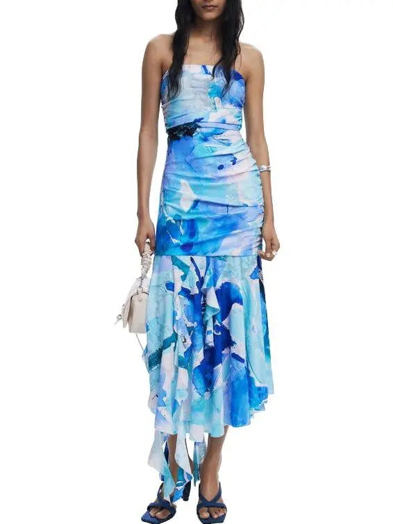 Desigual Floral Print Shirred Midi Dress - Blue