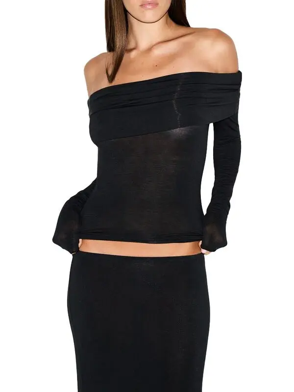SKIMS Sheer Modal Off-the-shoulder Long-sleeve Top - Onyx