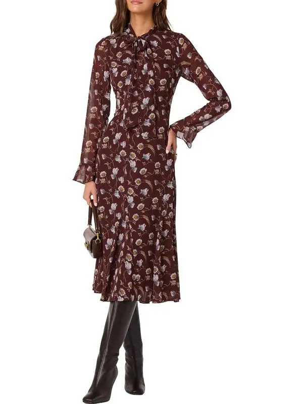 Astr The Label Floral Tie Neck Long Sleeve Dress - Brown Blue Floral