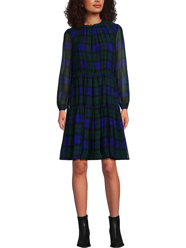 LANDS' END Chiffon Adjustable Dress - Cobalt Blackwatch Plaid