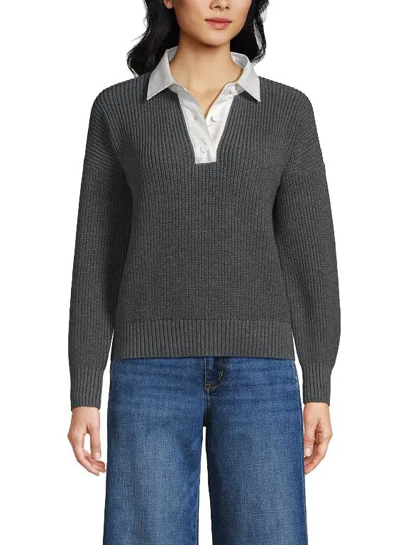 LANDS' END Drifter Rugby With Woven Collar Sweater - Charcoal Heather