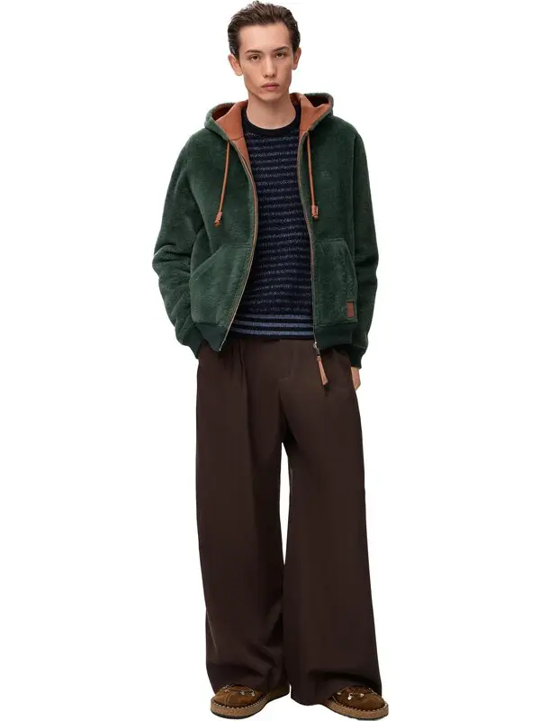 Loewe Hooded Shearling Zip-up - Brown/dark Green
