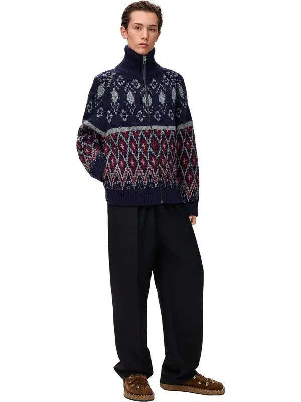Loewe Zip-up Wool Cardigan - Navy Blue/grey