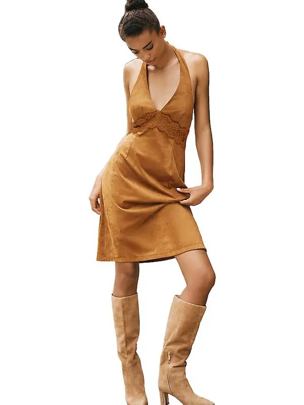 Anthropologie Faux-suede Halter Mini Dress - Cedar