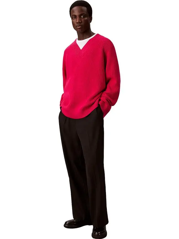 Calvin Klein Relaxed V-neck Merino Wool Blend Sweater - Petunia Pink