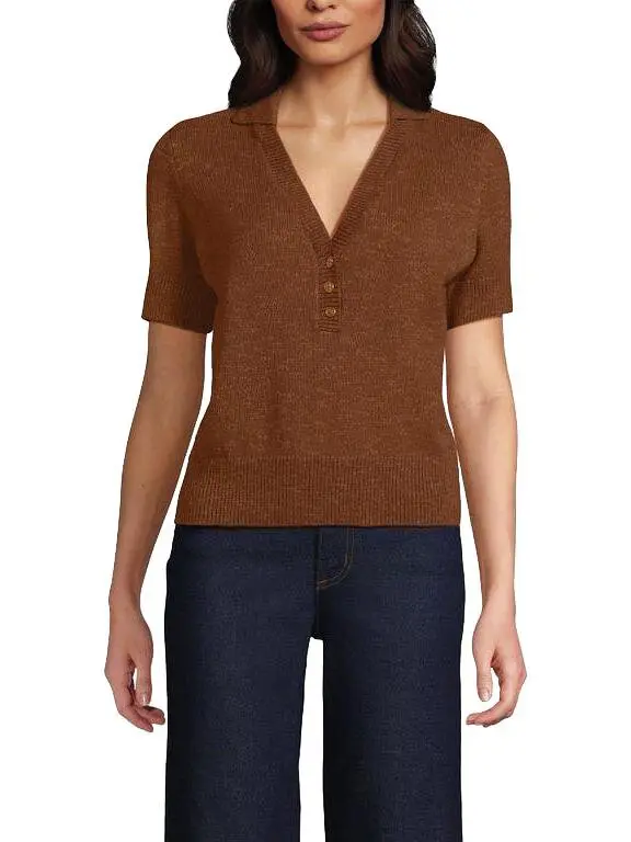 LANDS' END Cotton Blend Short Sleeve Polo Sweater - Rich Ginger Brown