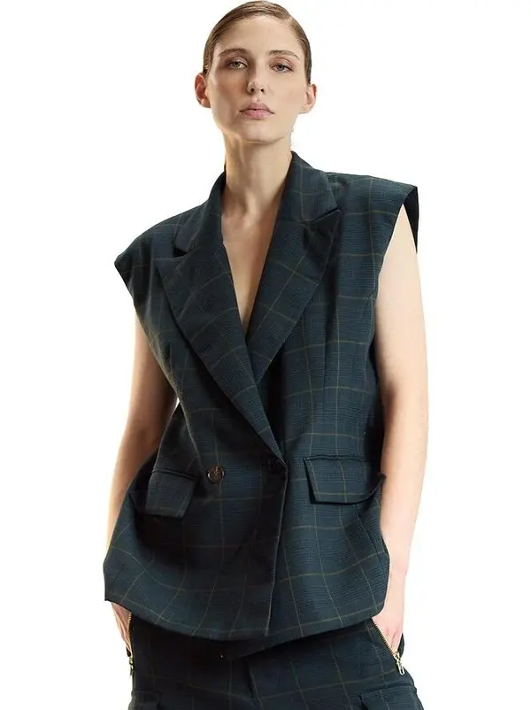 Cynthia Rowley Plaid Double-breasted Vest - Natural